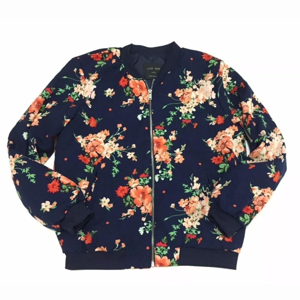 Love Tree Bomber Jacket Floral Satin Black S - Gem
